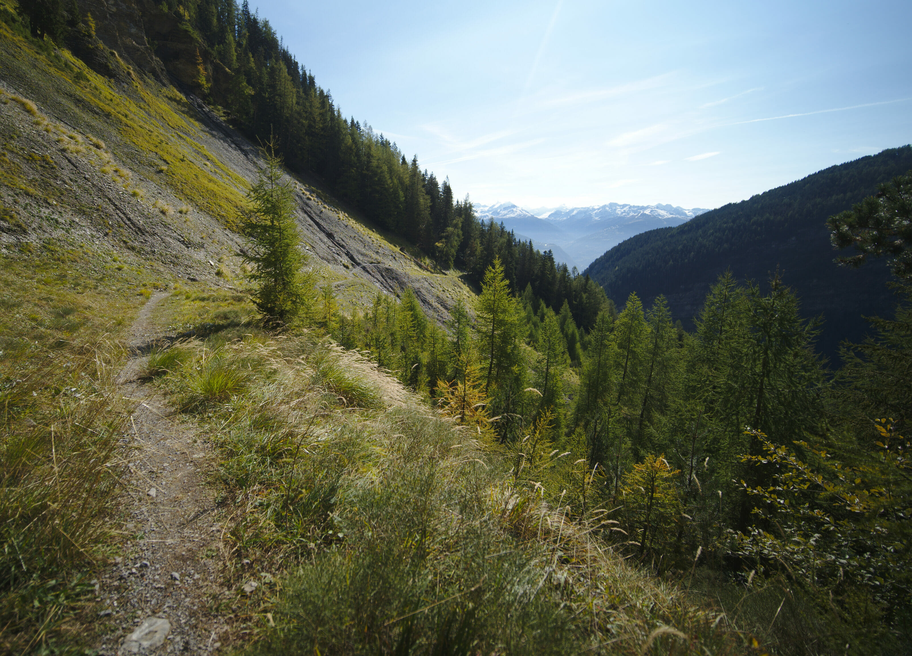 Hiking bisse du Ro to Tseuzier lake and back along bisse de Lens